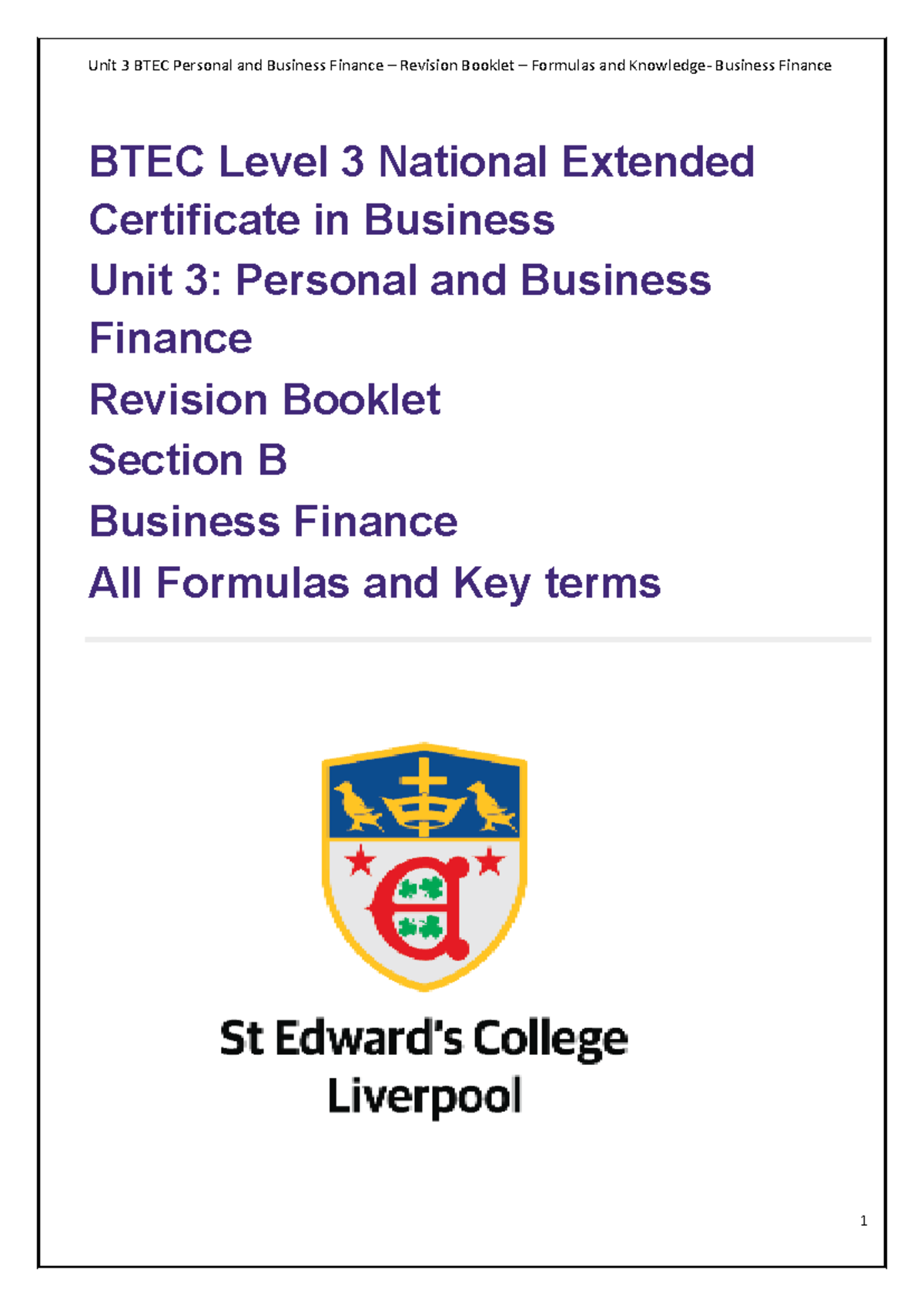 Unit 3 Business Finance Formulas Revision Guide - BTEC Level 3 - Studocu