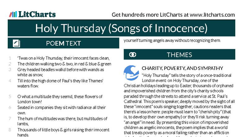 LitCharts Analysis: Holy Thursday (Songs of Innocence) - Studocu