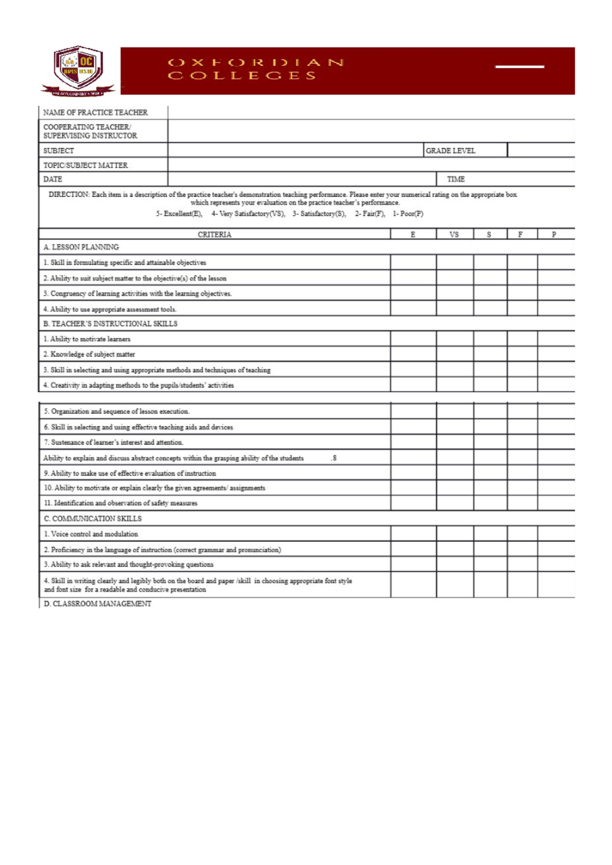OC OXFORDIAN OPIS OSW COLLEGES Final Demo Evaluation Form - Studocu