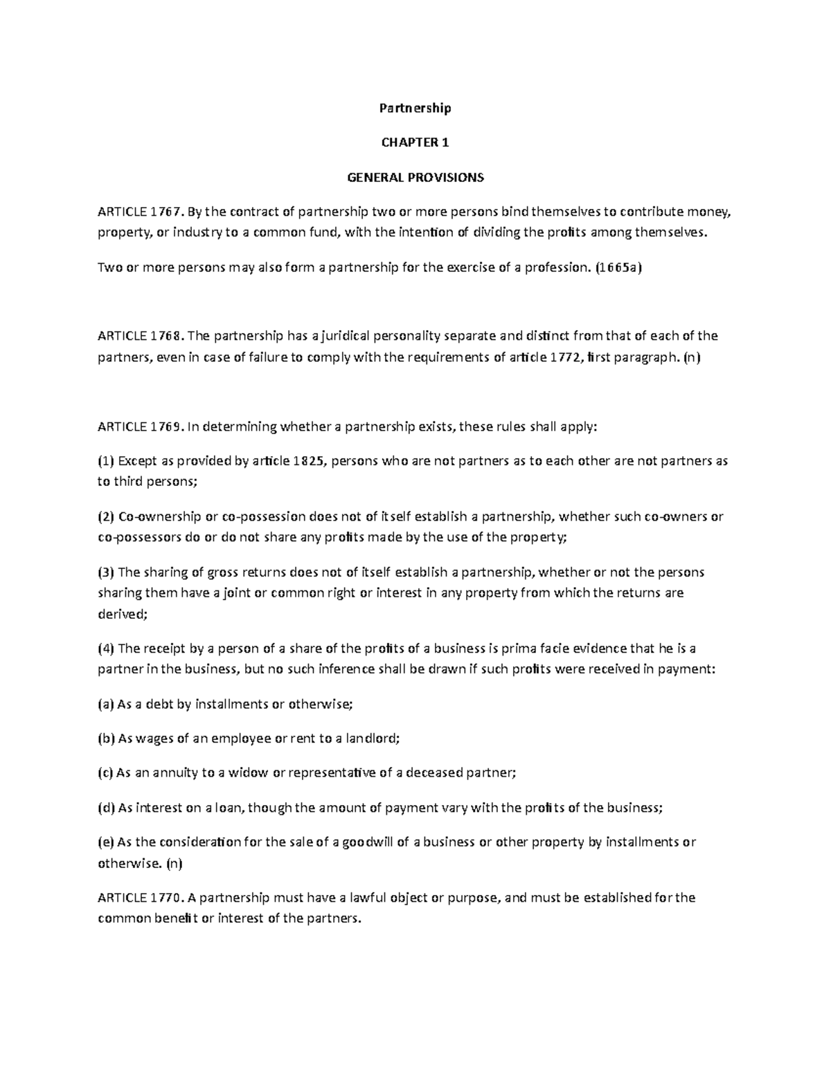 Partnership - Partnership CHAPTER 1 GENERAL PROVISIONS ARTICLE 1767. By the contract of ...