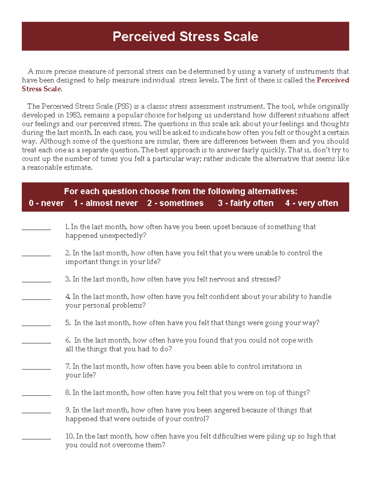 Percieved stress scale - Perceived Stress Scale A more precise measure ...