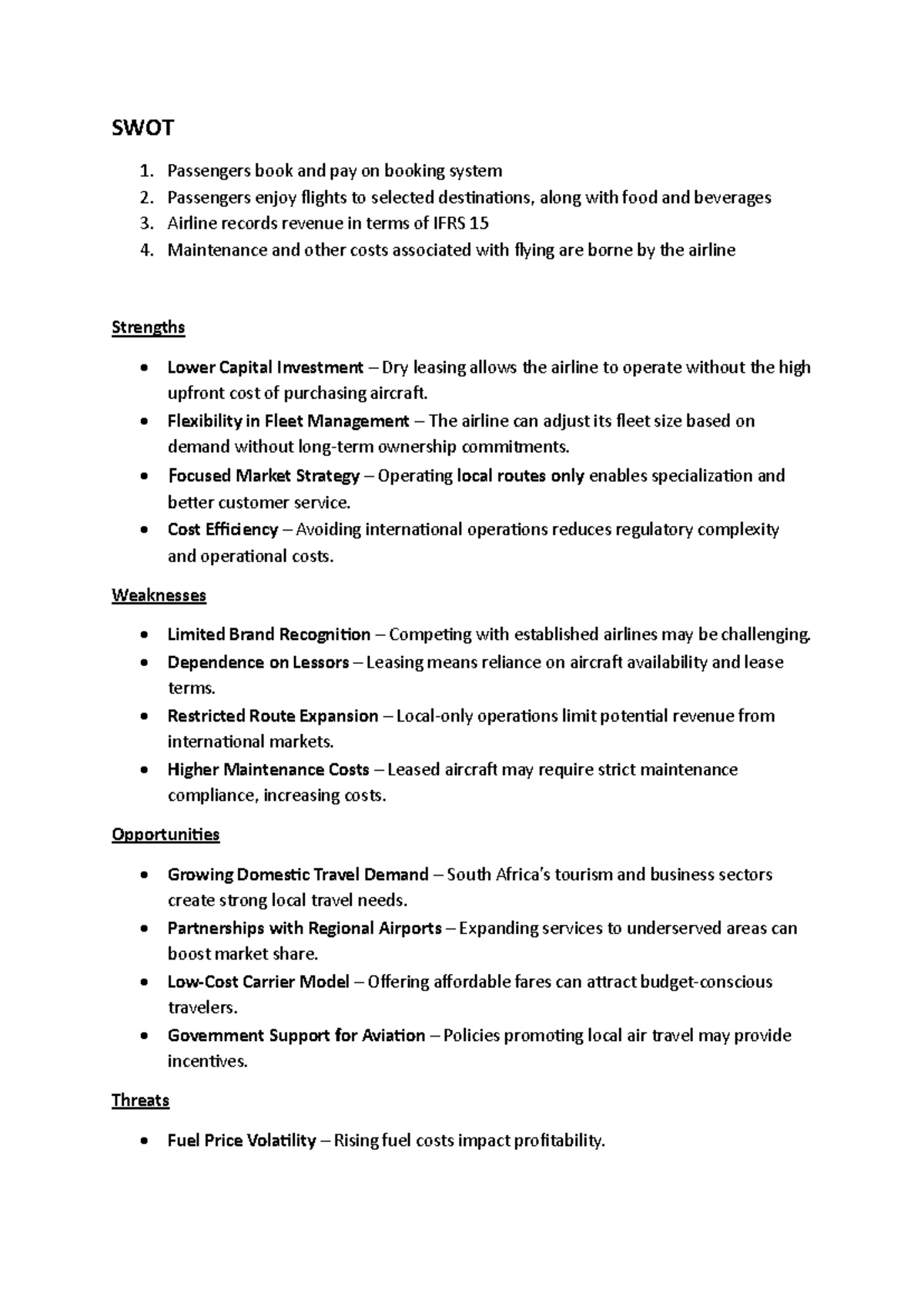 SWOT Analysis for Airline Operations in SA: Strengths, Weaknesses ...