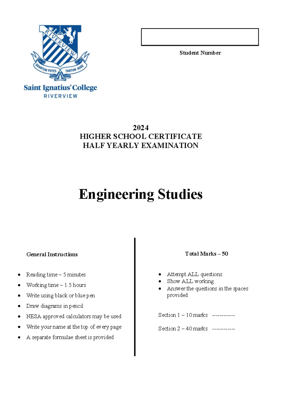 HSC Engineering Studies Half Yearly Exam 2024 [Final] - Studocu