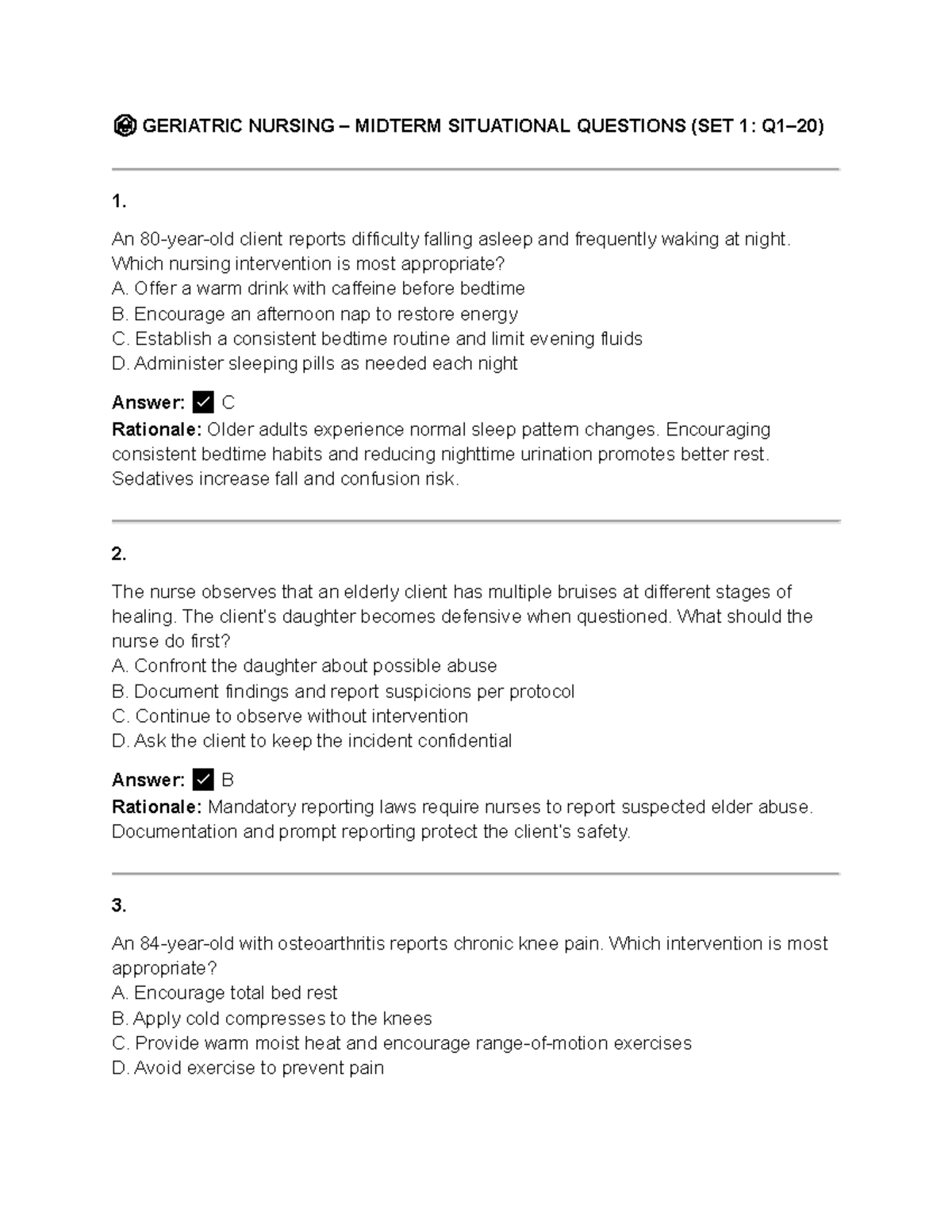 GERIATRIC NURSING MIDTERM SITUATIONAL QUESTIONS (SET 1) - Studocu