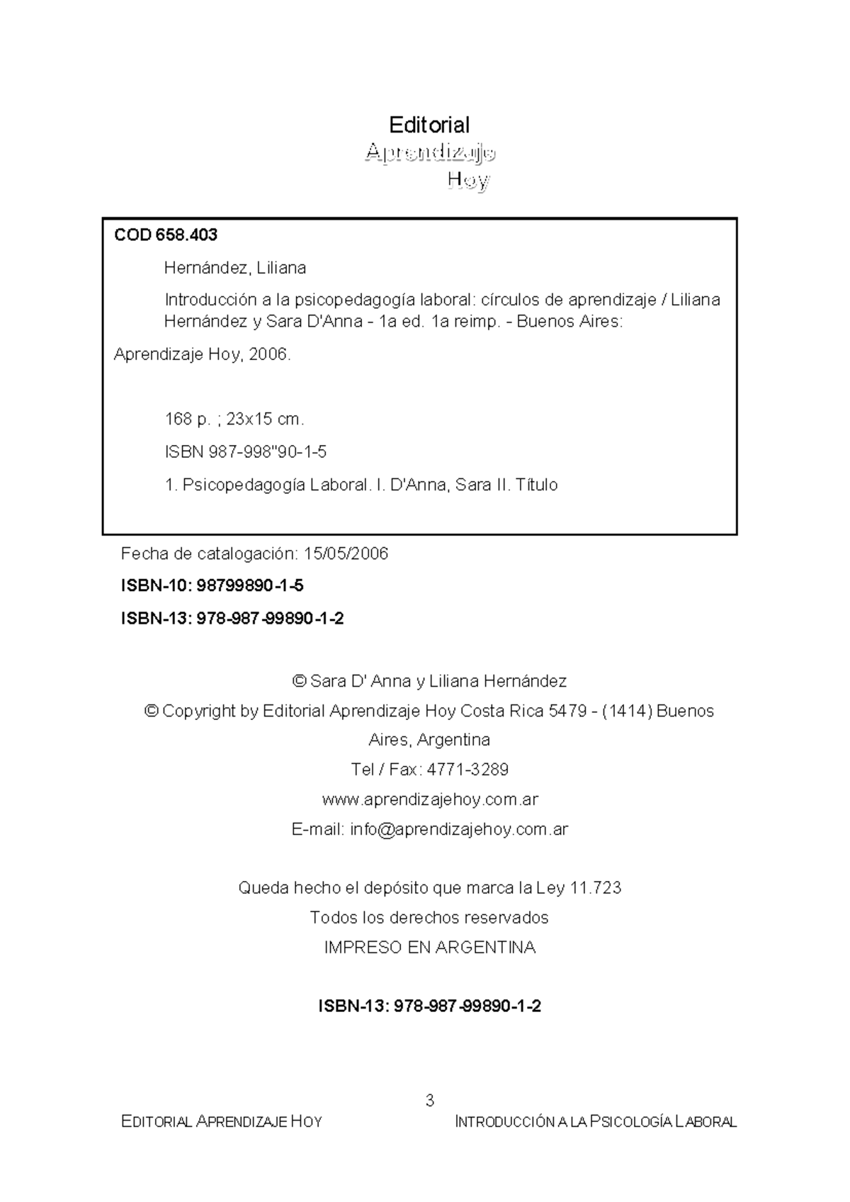 Introducción a la Psicopedagogía Laboral COD 658.403 - Hernández y Sara - Studocu