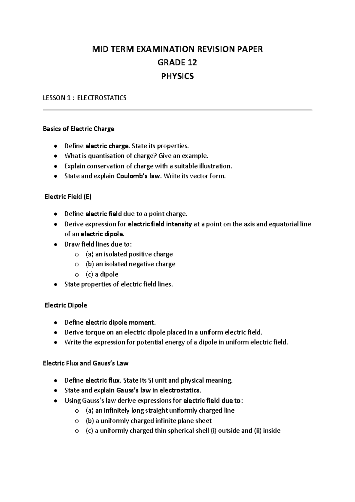 MIDTERM EXAM REVISION PAPER GRADE 12 PHYSICS: ELECTROSTATICS & CURRENT - Studocu
