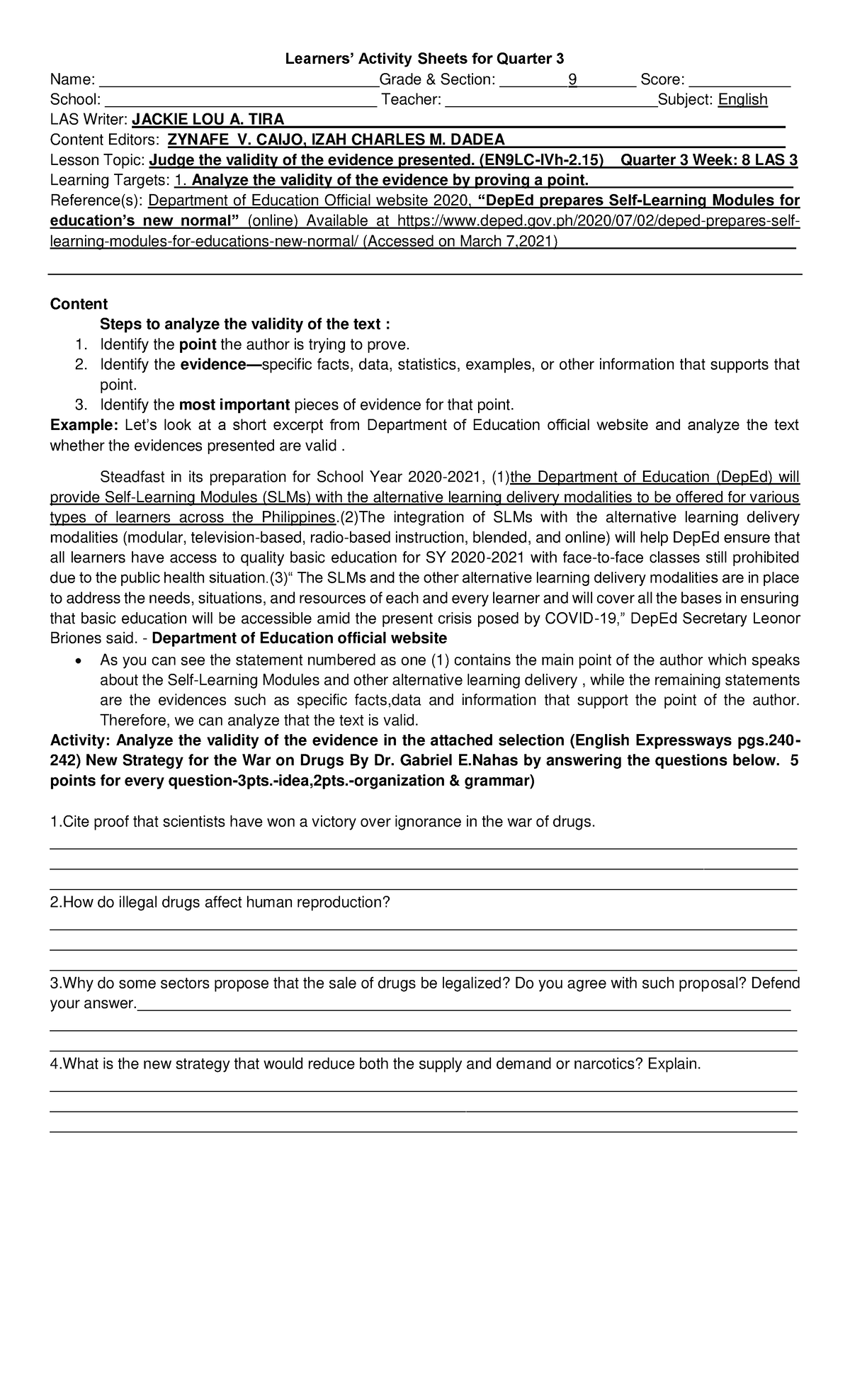 English 9 Q3 W8 LAS 3: Analyzing Evidence Validity - Studocu