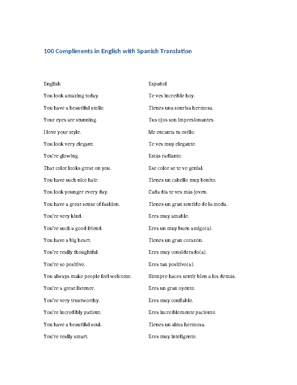 100 Compliments in English & Spanish Translation Guide - Studocu
