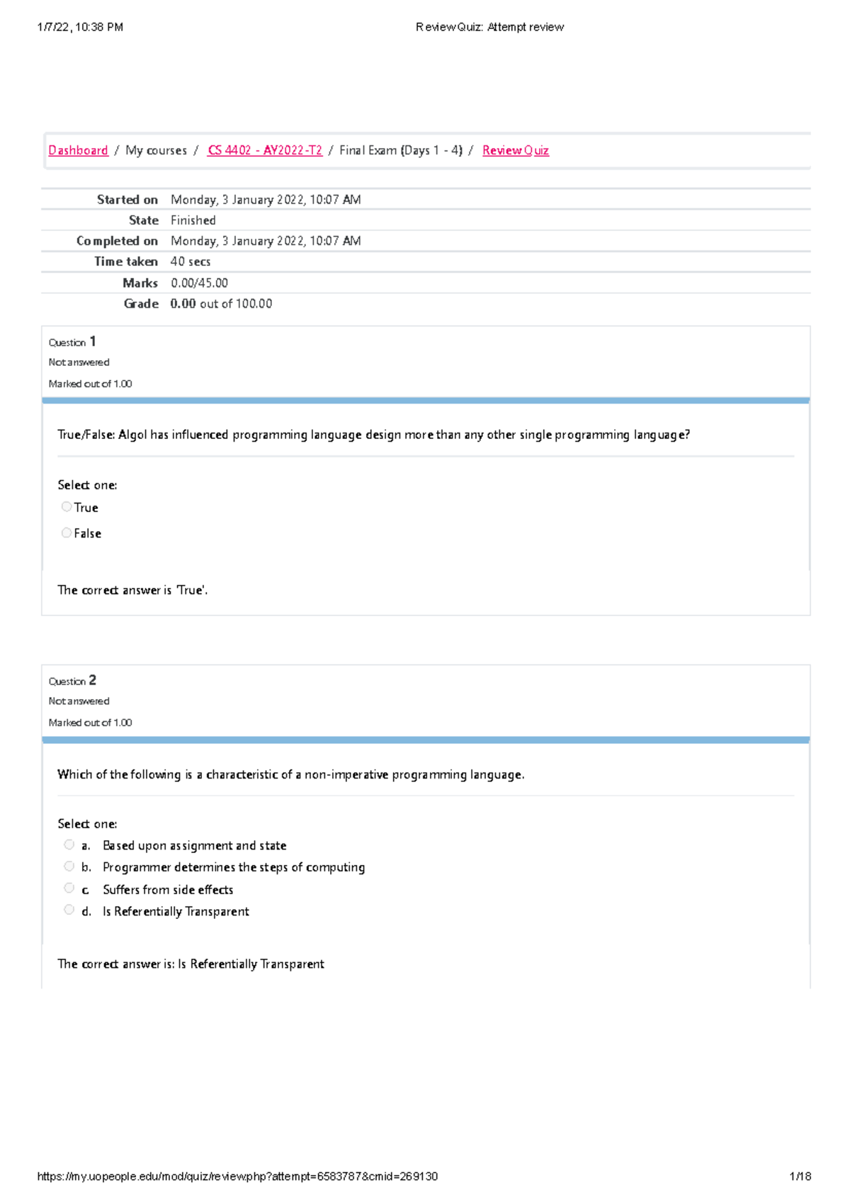 CS 4402 Final Exam Review Quiz Attempt Analysis - Studocu