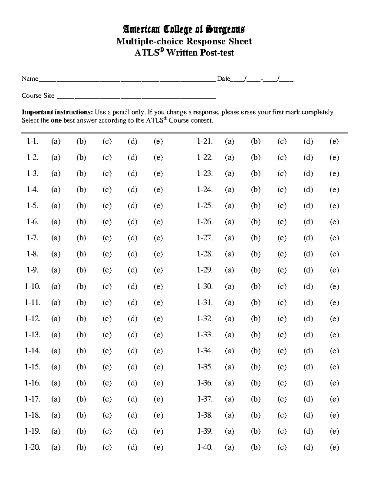 ATLS® Pre and Post-Test Multiple-Choice Response Sheet - Studocu