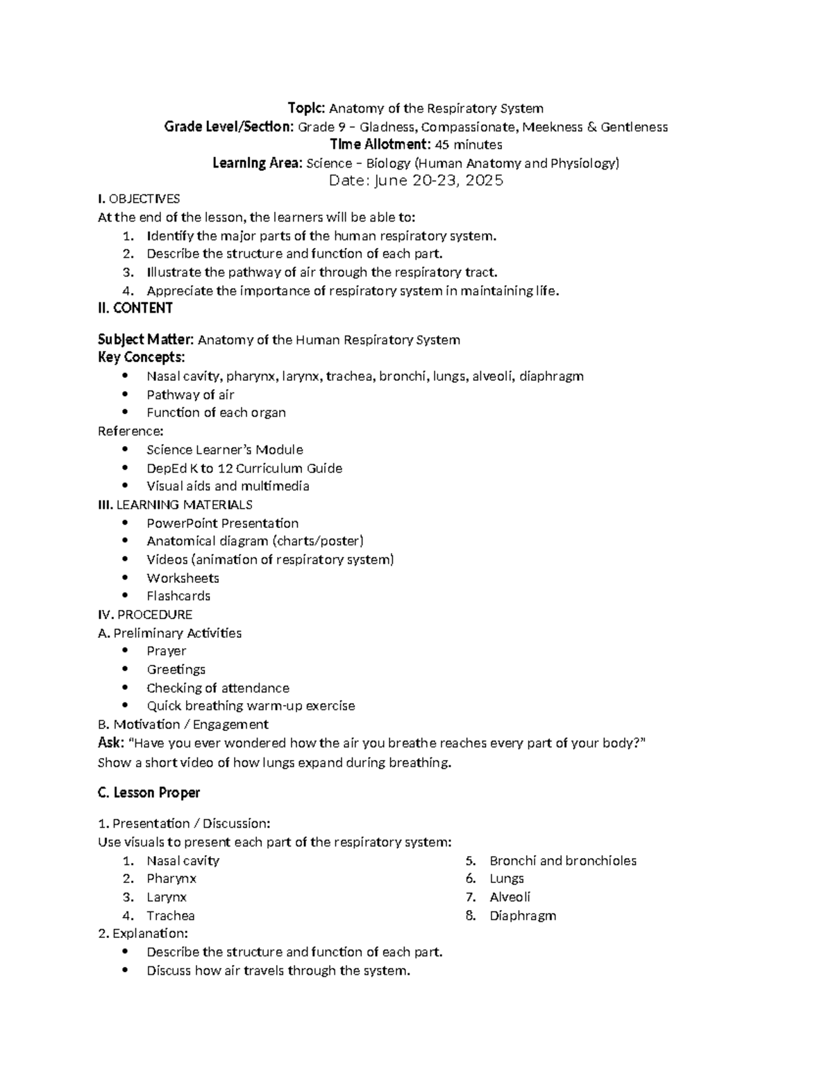 Grade 9 Science: Anatomy of the Respiratory System Lesson Plan - Studocu