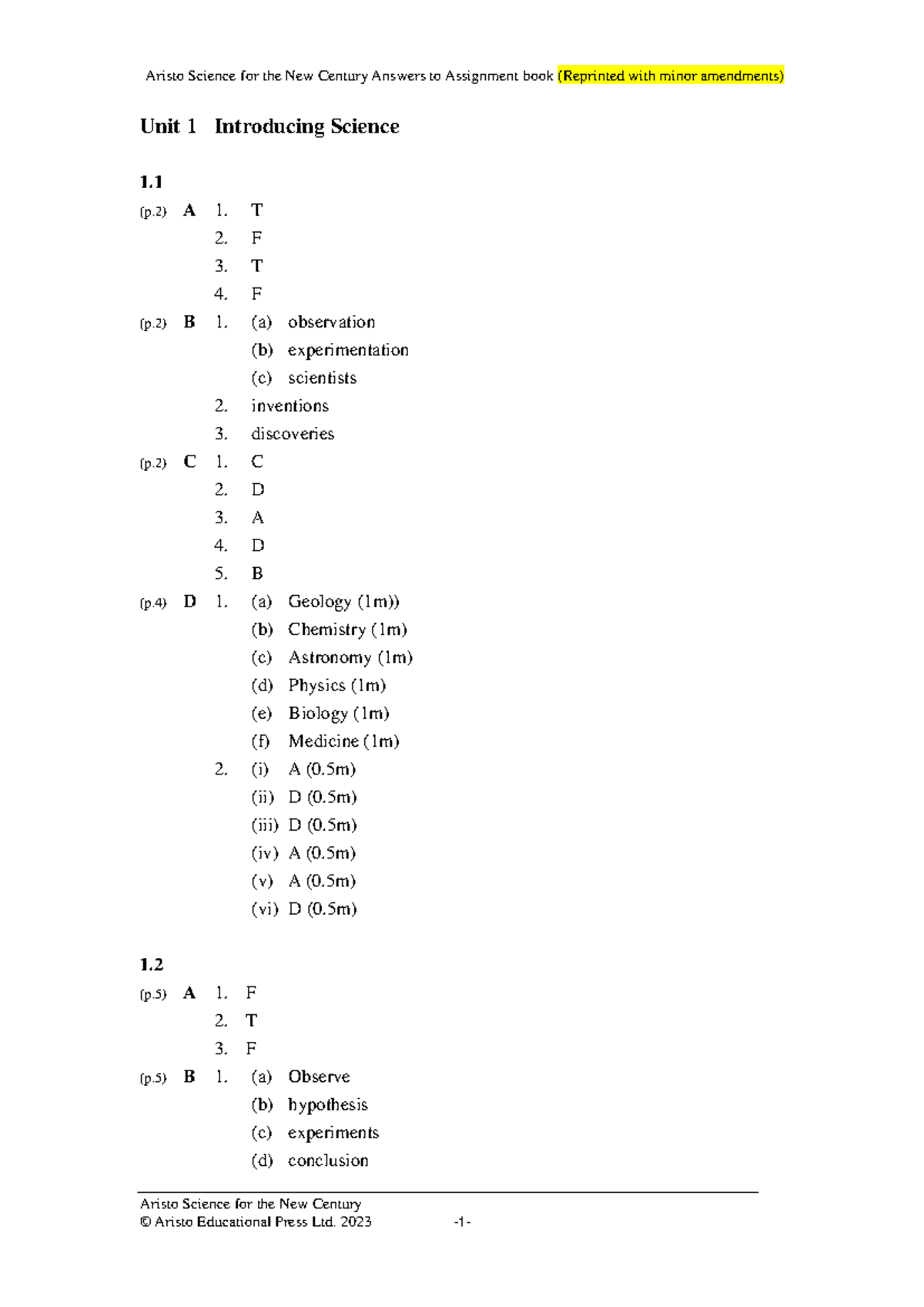 Aristo Science for the New Century S1 Assignment 1A Answers (Revised ...