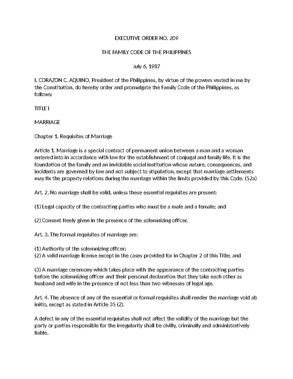 Family Code of the Philippines - PPG Executive Order No. 209 - Studocu