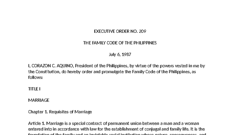 Family Code of the Philippines - PPG Executive Order No. 209 - Studocu