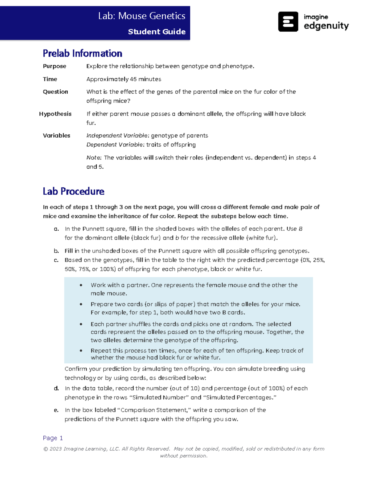 Lab: Mouse Genetics (BIO 101) Prelab Guide on Genotype & Phenotype ...