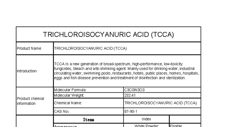 TDS TCCA - Specifications for Trichloroisocyanuric Acid (TCCA) - Studocu
