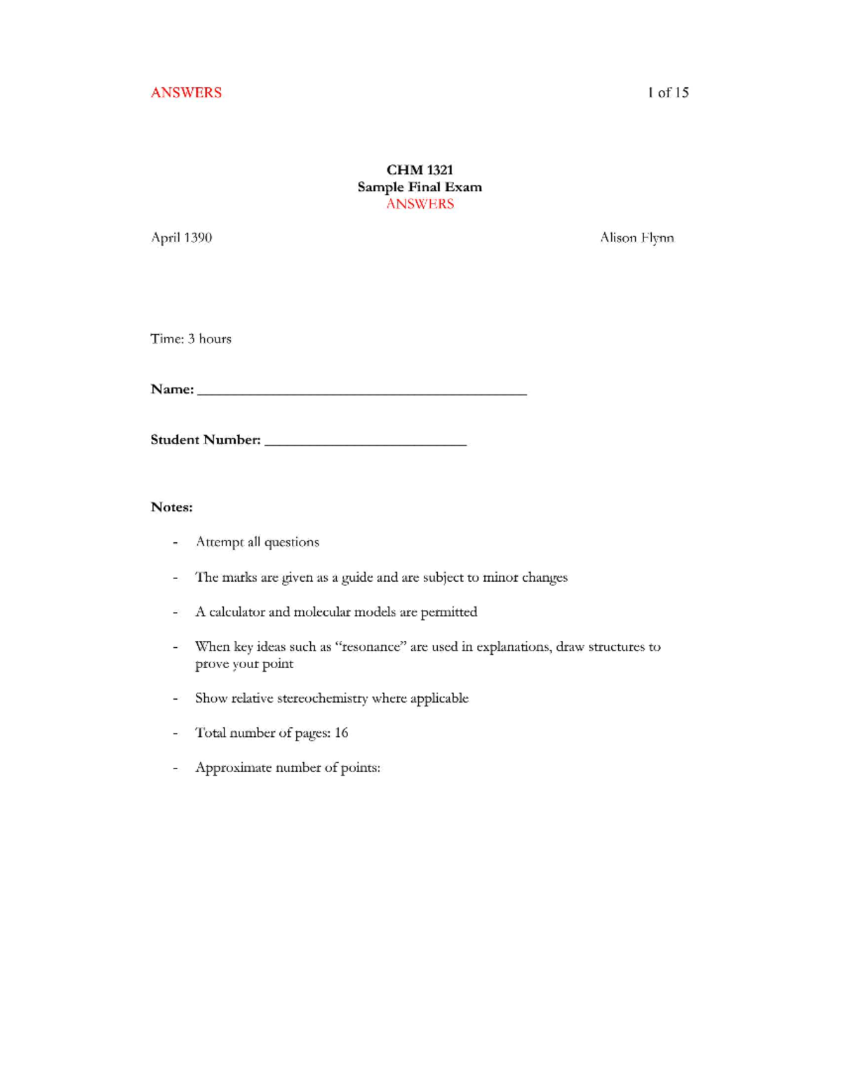 CHM 1321 Sample Final Exam Answers - April 2023 - Studocu