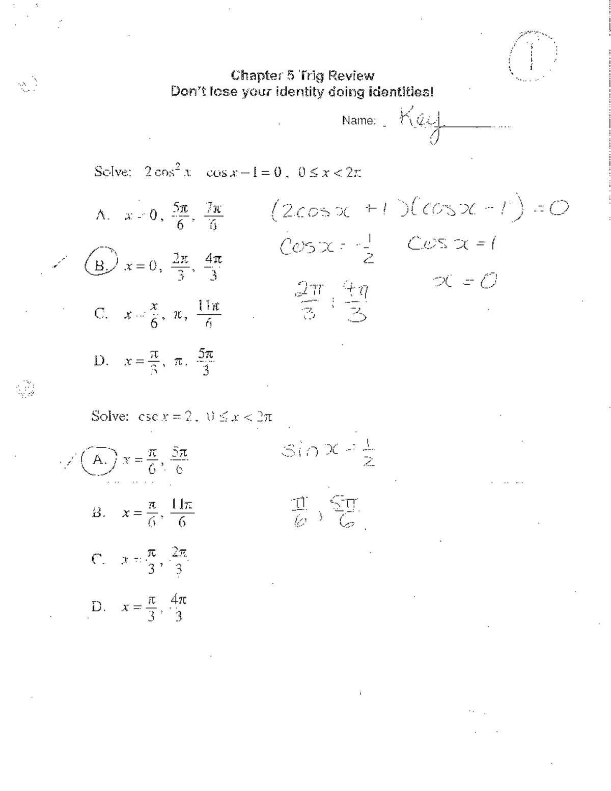 Chapter 5 & 6 Trig Review Key: Identities & Solutions - Studocu