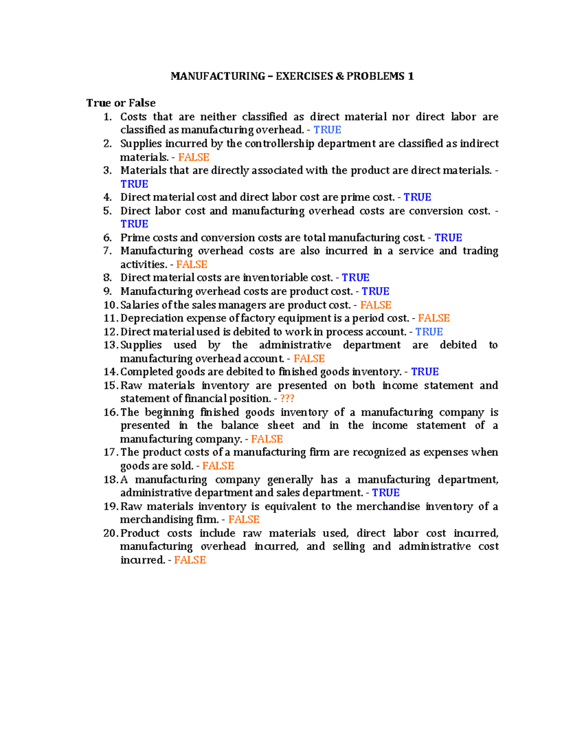 Manufacturing Exercises & Problems (Answers) - Course Code: MANF101 ...