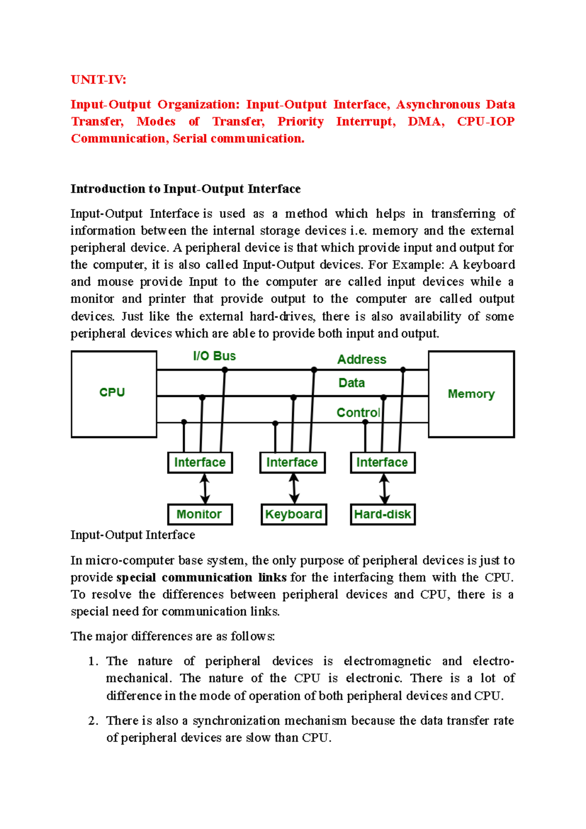 COA-Unit-IV: Lecture Notes on Interface, Data Transfer, and DMA - Studocu