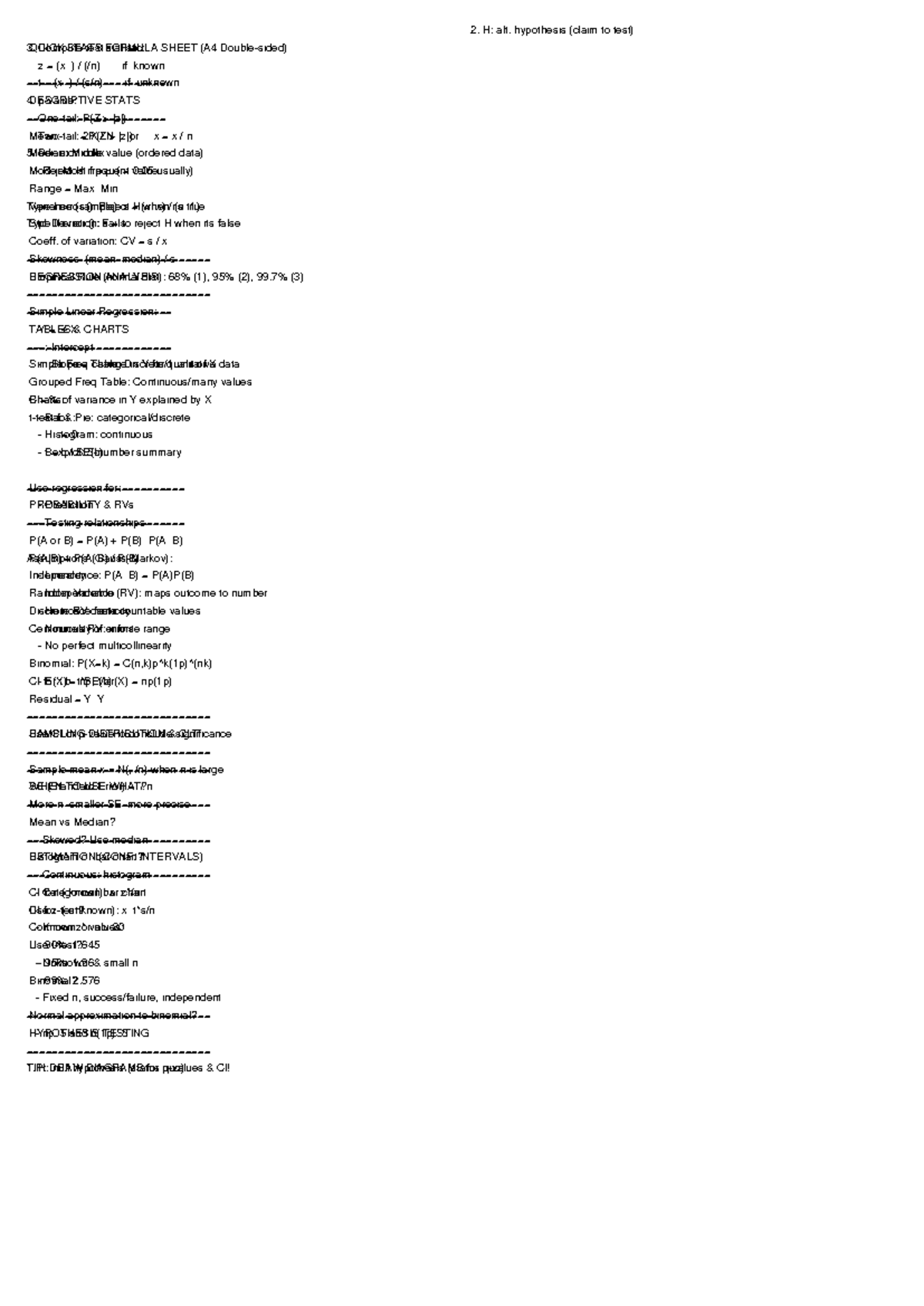 Stats Formula Sheet A4: Hypothesis Testing & Regression Analysis - Studocu
