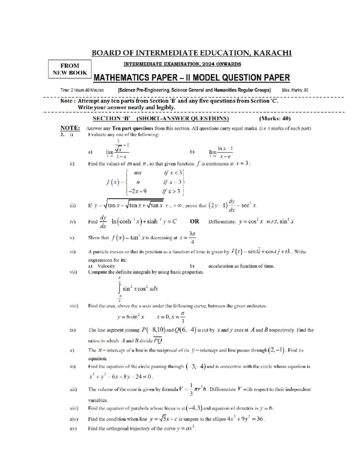 Mathematics Paper II Model Question Paper (Intermediate Exam 2024 ...