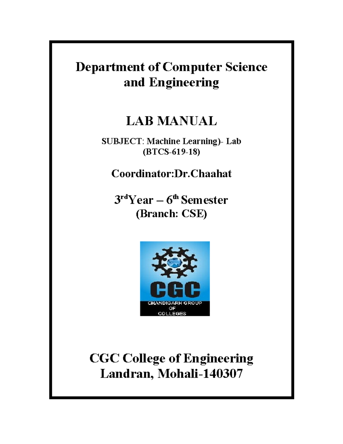 BTCS-619-18 Machine Learning Lab Manual: Experiments and Implementation - Studocu