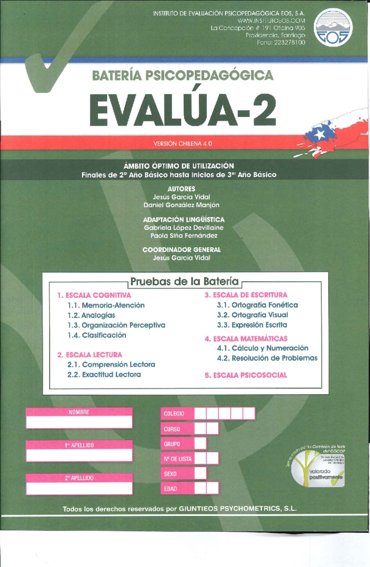 Evalúa 2 - Batería Psicopedagógica para Educación Básica - Studocu