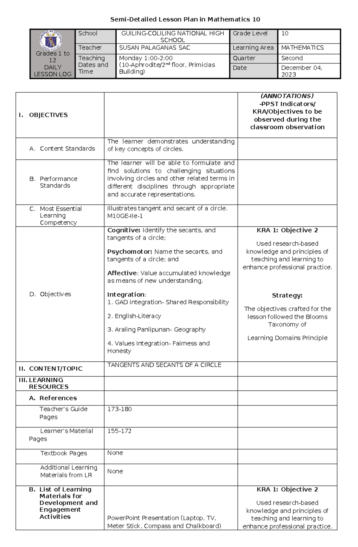 COT Mathematics 10 Lesson Plan: Tangents & Secants of Circles - Studocu