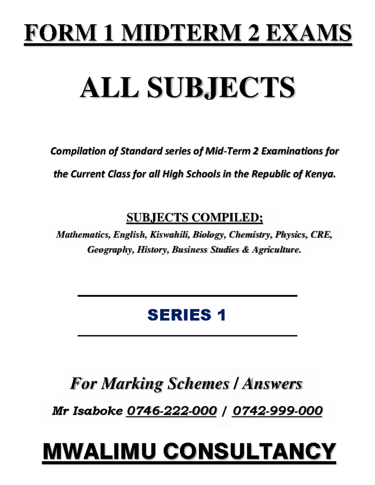 FORM 1 MIDTERM 2 EXAMS SERIES 1 COMPILATION FOR ALL SUBJECTS - Studocu