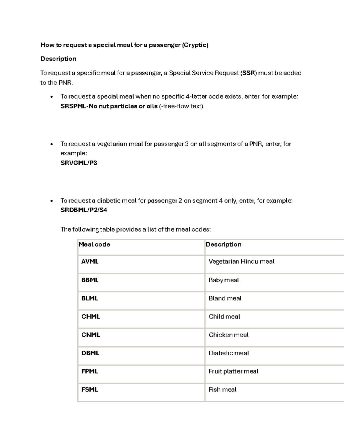 Special Meal Request Guide for Passengers (SSR Instructions) - Studocu