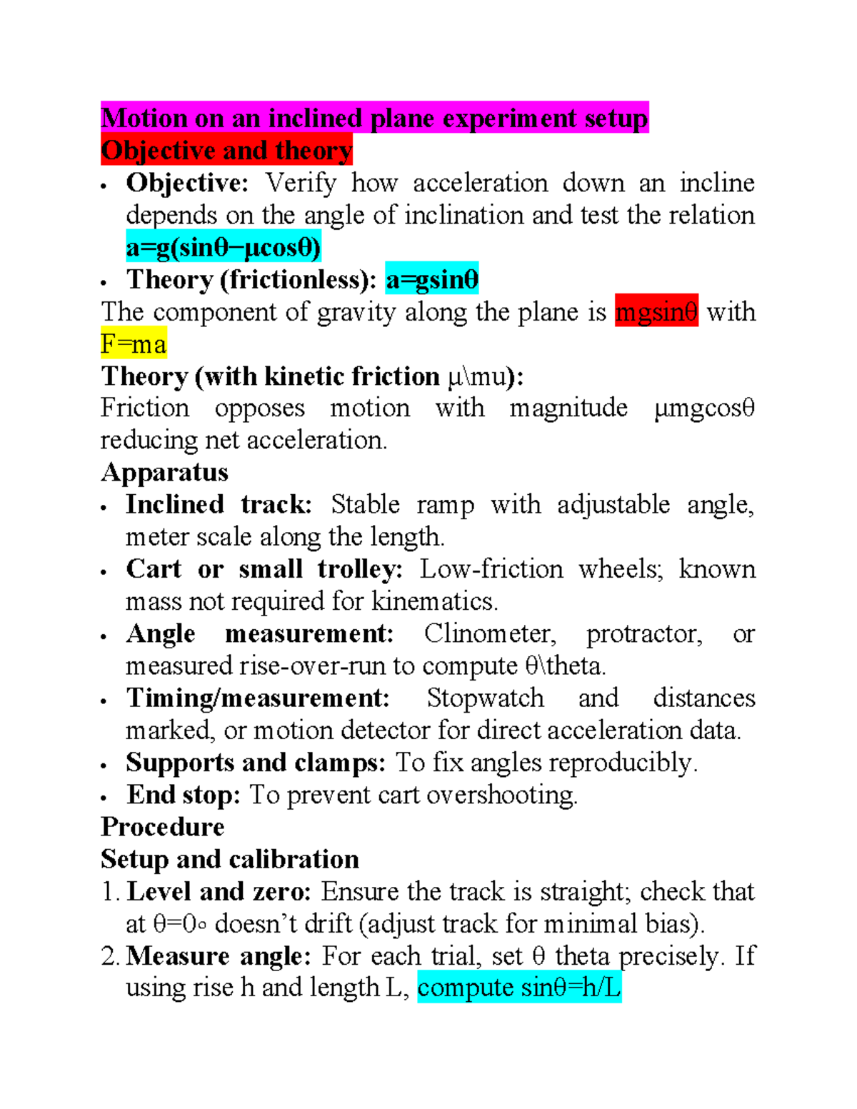 Inclined Plane Experiment Setup: Objective & Theory Analysis - Studocu