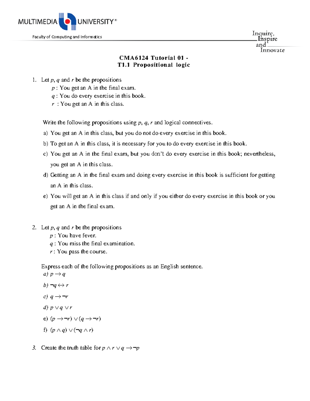 CMA6124 Tutorial 01 - Propositional Logic Exercises and Truth Tables ...