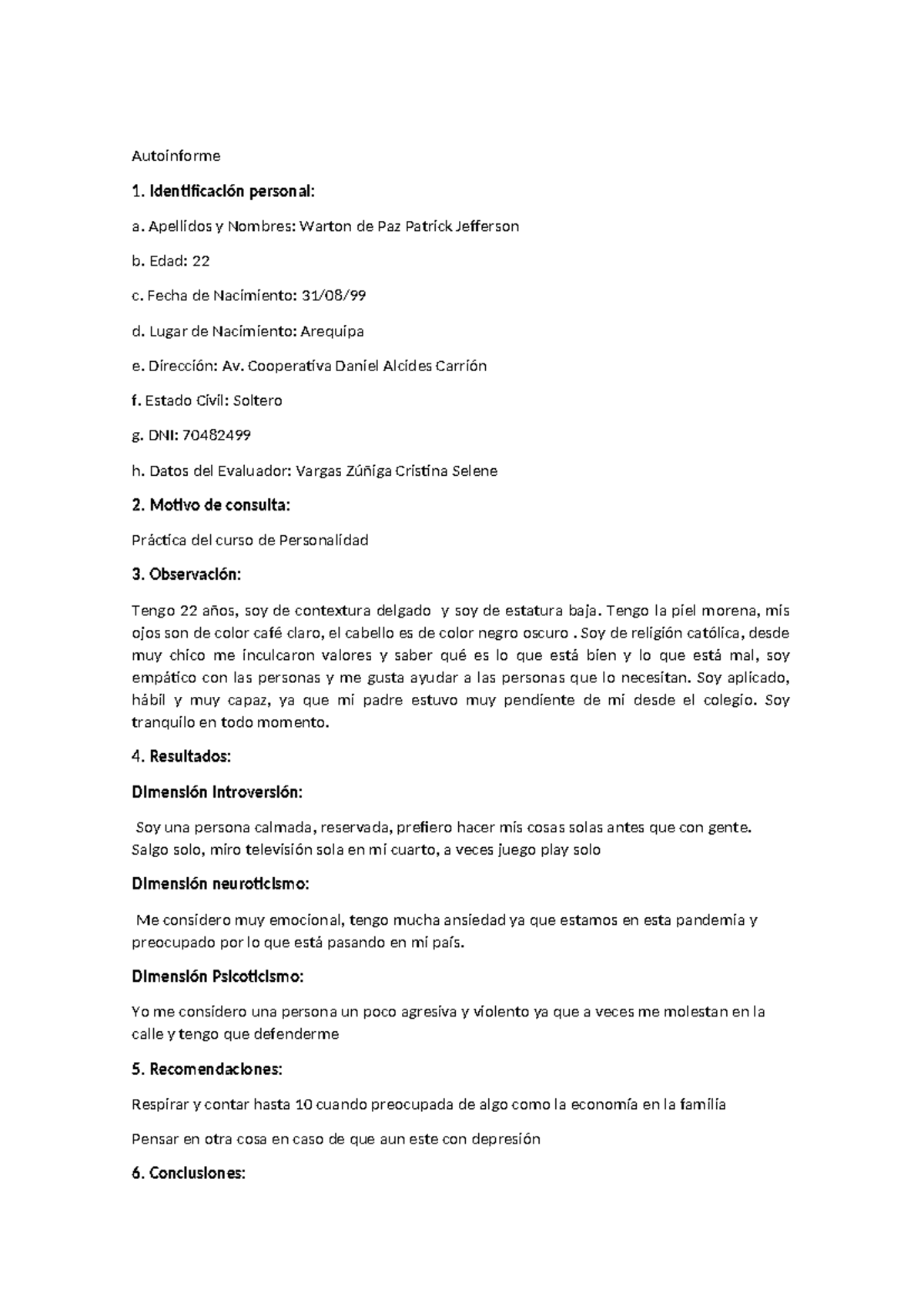 Autoanálisis de Personalidad: Informe Psicoanalítico y Resultados - Studocu