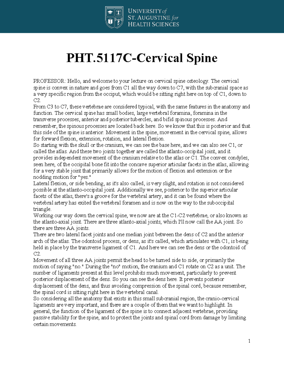 Cervical Spine Anatomy & Ligaments Overview (PHT.5117C Lecture) - Studocu