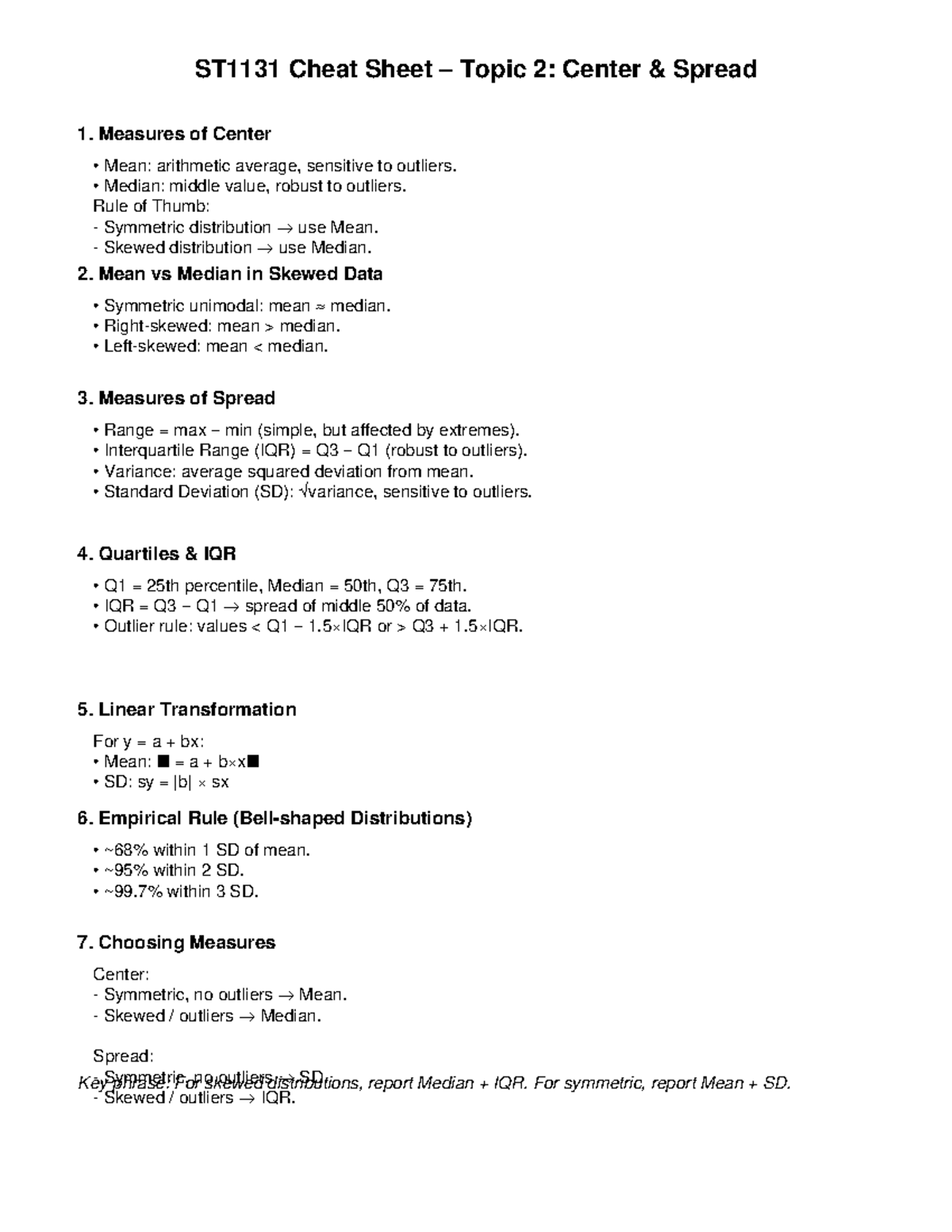 ST1131 Cheat Sheet: Measures of Center & Spread Analysis - Studocu