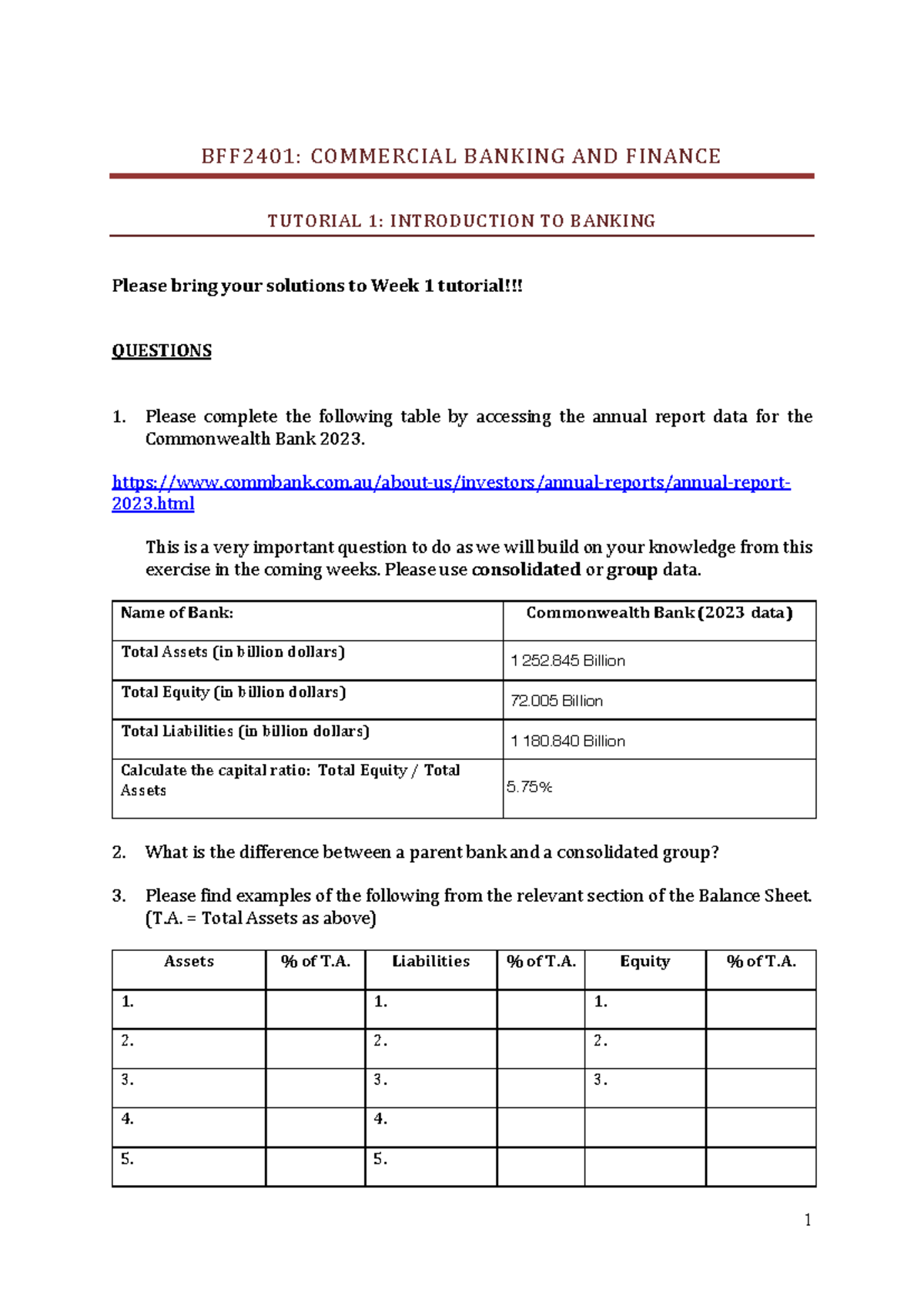 Tutorial questions - week 1 - 1 BFF2401: COMMERCIAL BANKING AND FINANCE ...