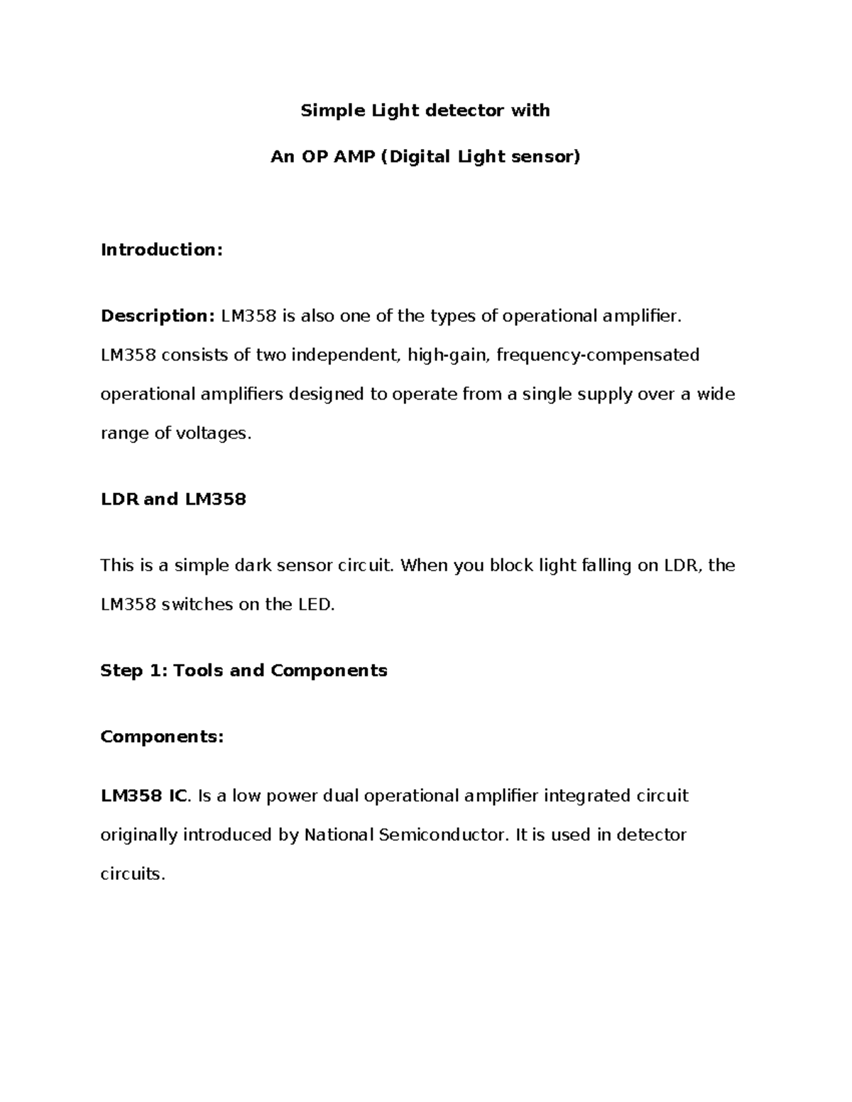 LM358 Light Detector Circuit: Simple Guide to OP AMP & LDR - Studocu