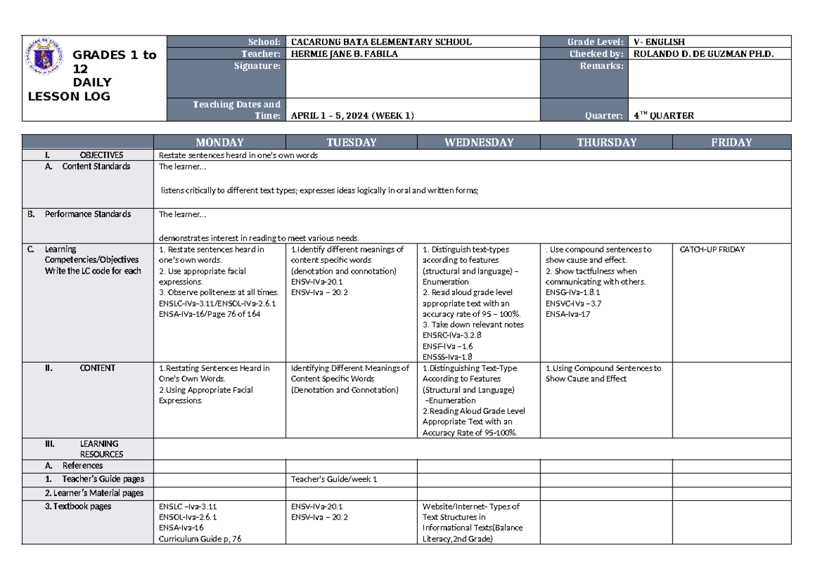 DLL English-5 Q4 W1 - daily lesson log - GRADES 1 to 12 DAILY LESSON LOG School: CACARONG BATA ...