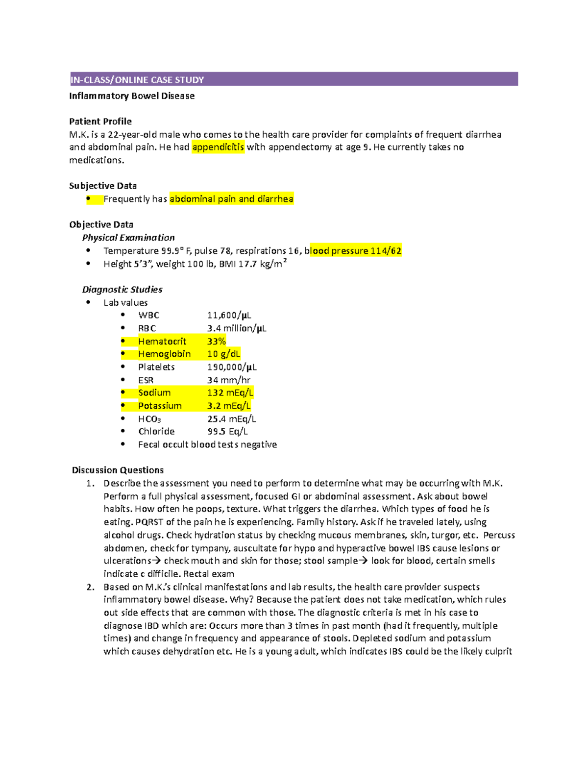 IBD Case Study: In-Depth Analysis of Patient M.K.'s Condition - Studocu