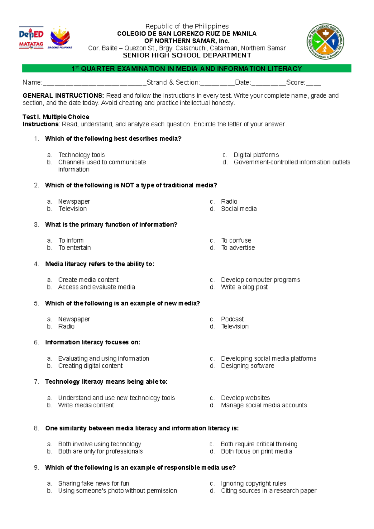 1st-Quarter-Exam (MIL) - Republic of the Philippines COLEGIO DE SAN ...