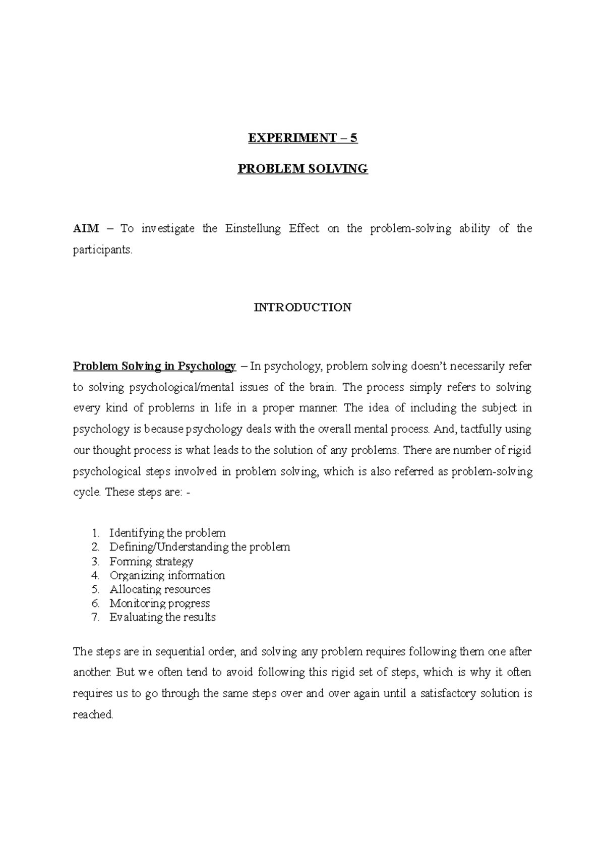 Einstellung Effect on Problem Solving: Experiment 5 Analysis - Studocu