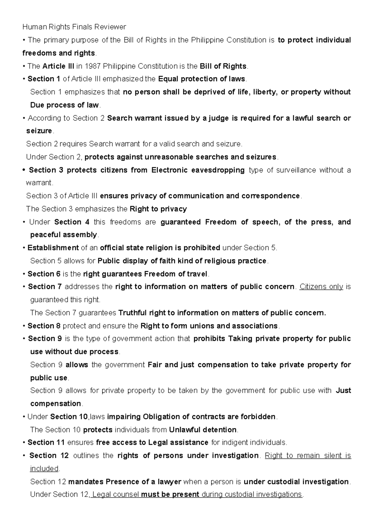 Human Rights (FINAL EXAM) Reviewer Summary and Key Sections - Studocu