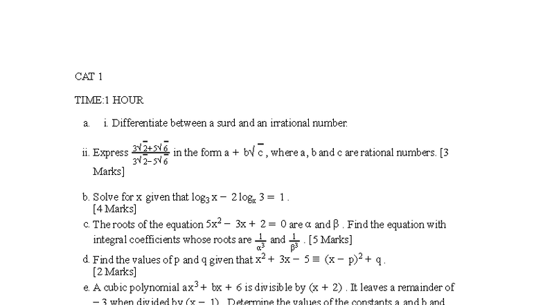 Mathematics for Science CAT 1: Concepts and Problem Solving - Studocu