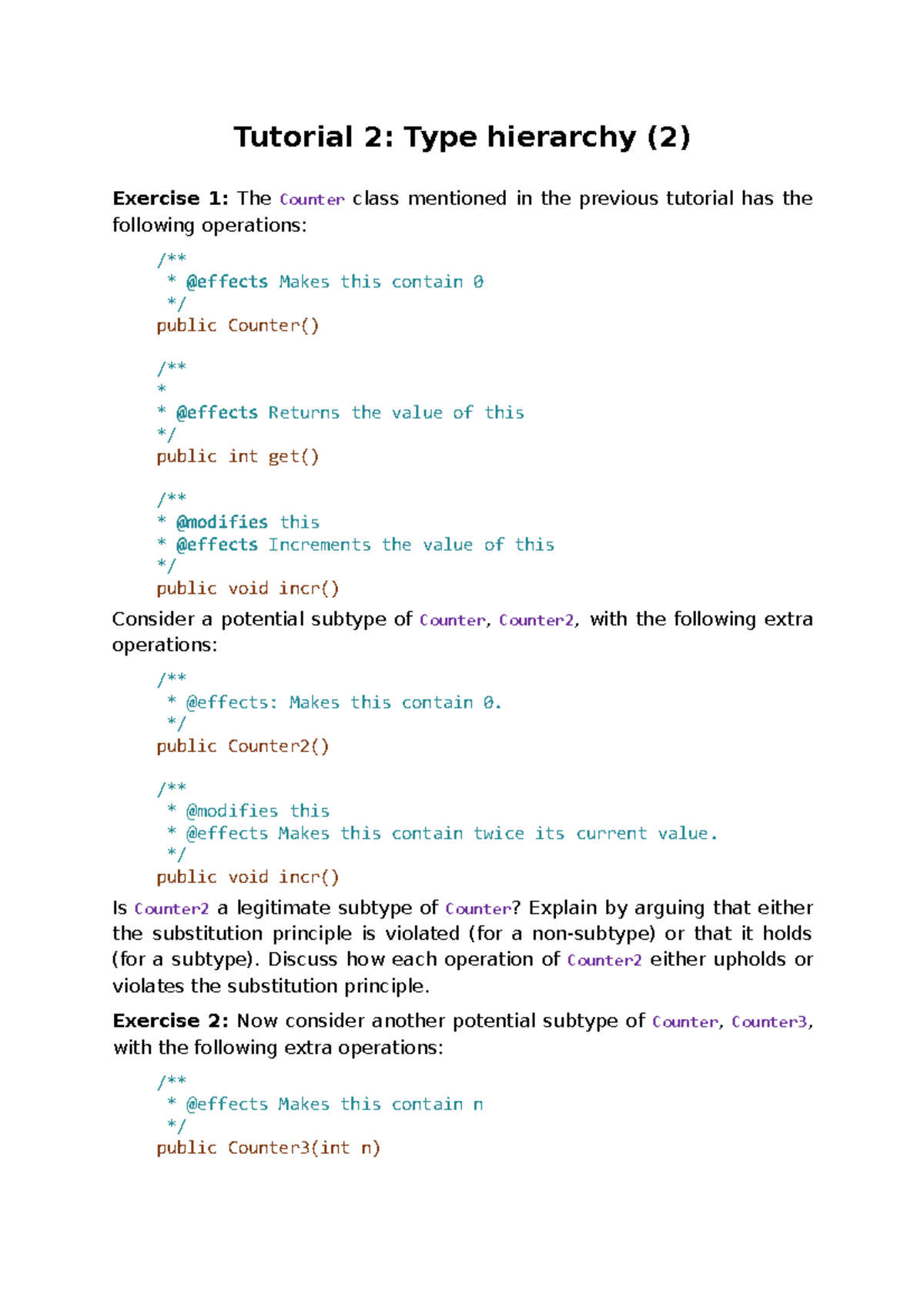 Tut2 - se1 - Tutorial 2: Type hierarchy (2) Exercise 1: The Counter class mentioned in the ...