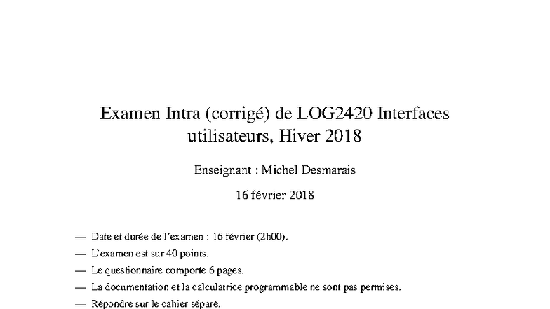 LOG2420 Intra Exam Solutions, Hiver 2018 - User Interfaces - Studocu