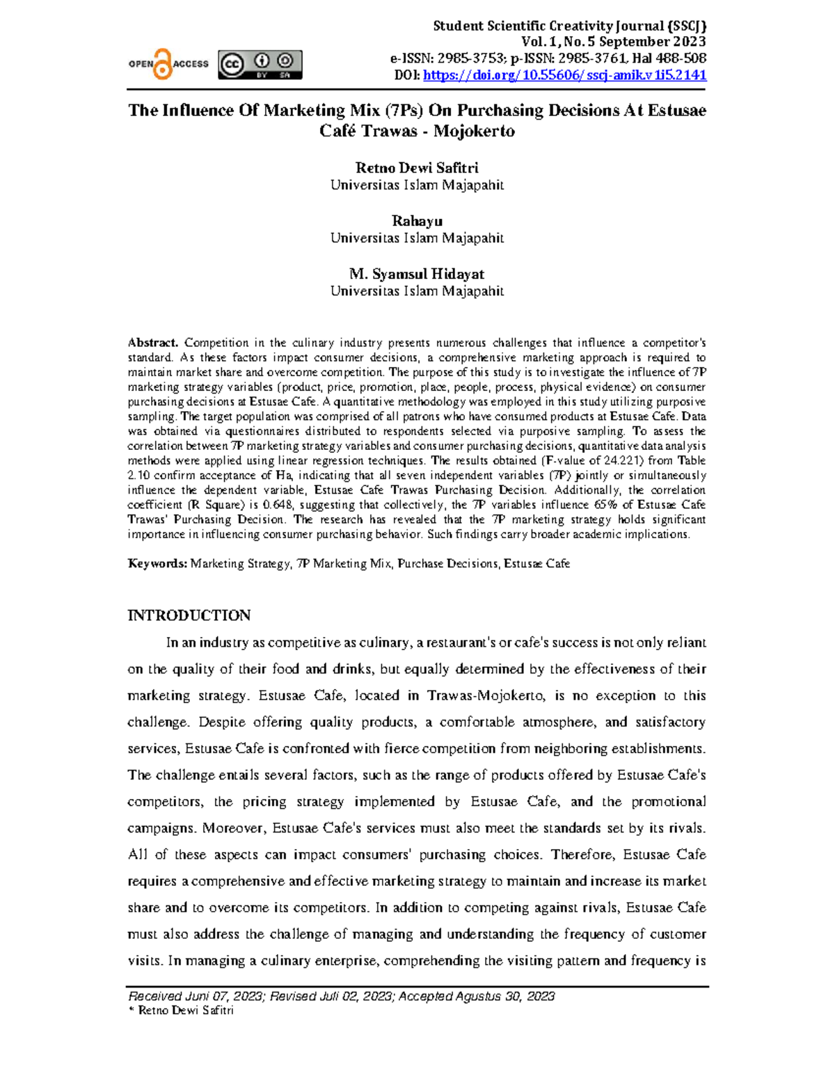 The Influence of 7P Marketing Mix on Purchasing Decisions at Estusae ...