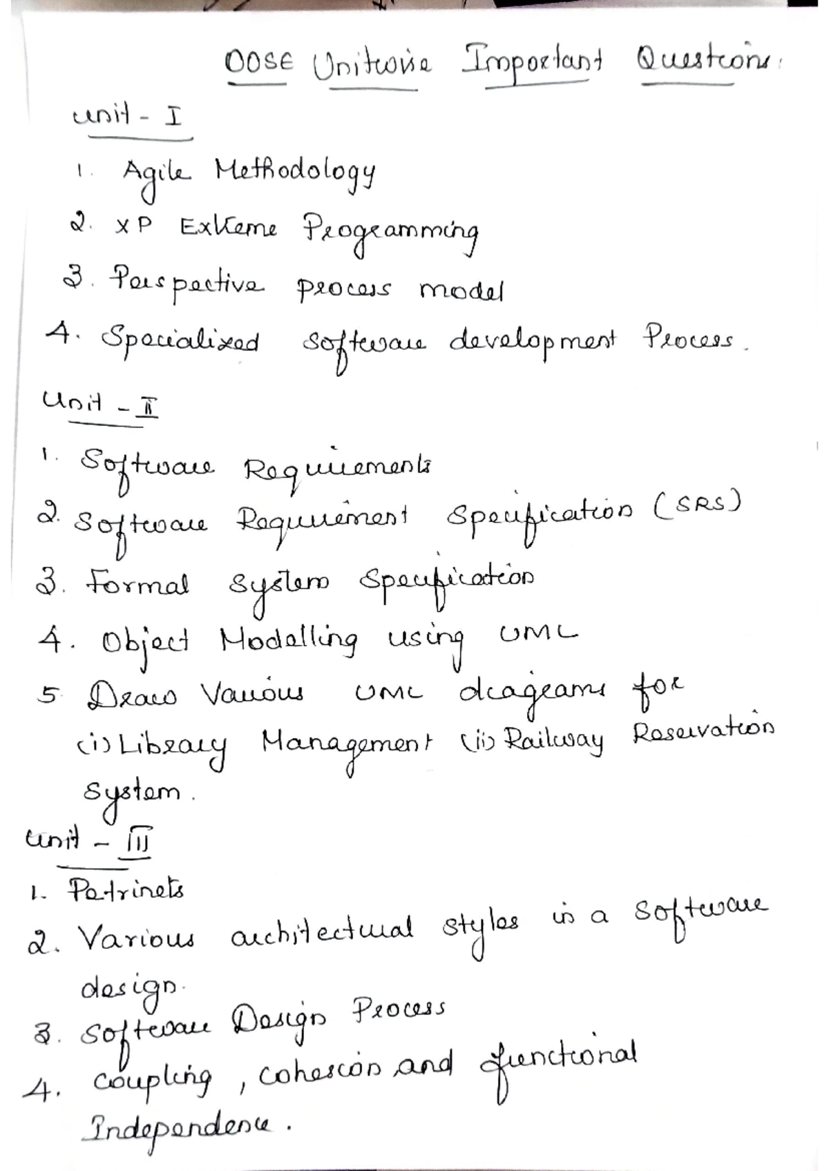 OOSE Unitwise Important Questions: Agile, SRS, UML & More - Studocu