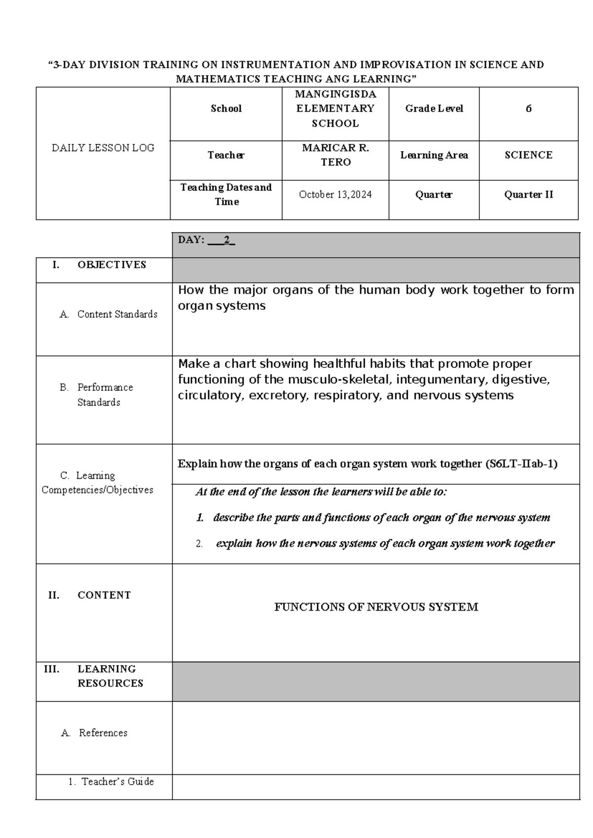 DLP- Science 6 Lesson Plan on the Nervous System (Quarter II) - Studocu