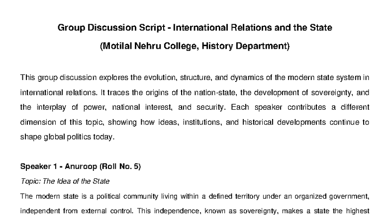 International Relations GD Script: Evolution of the Modern State System ...